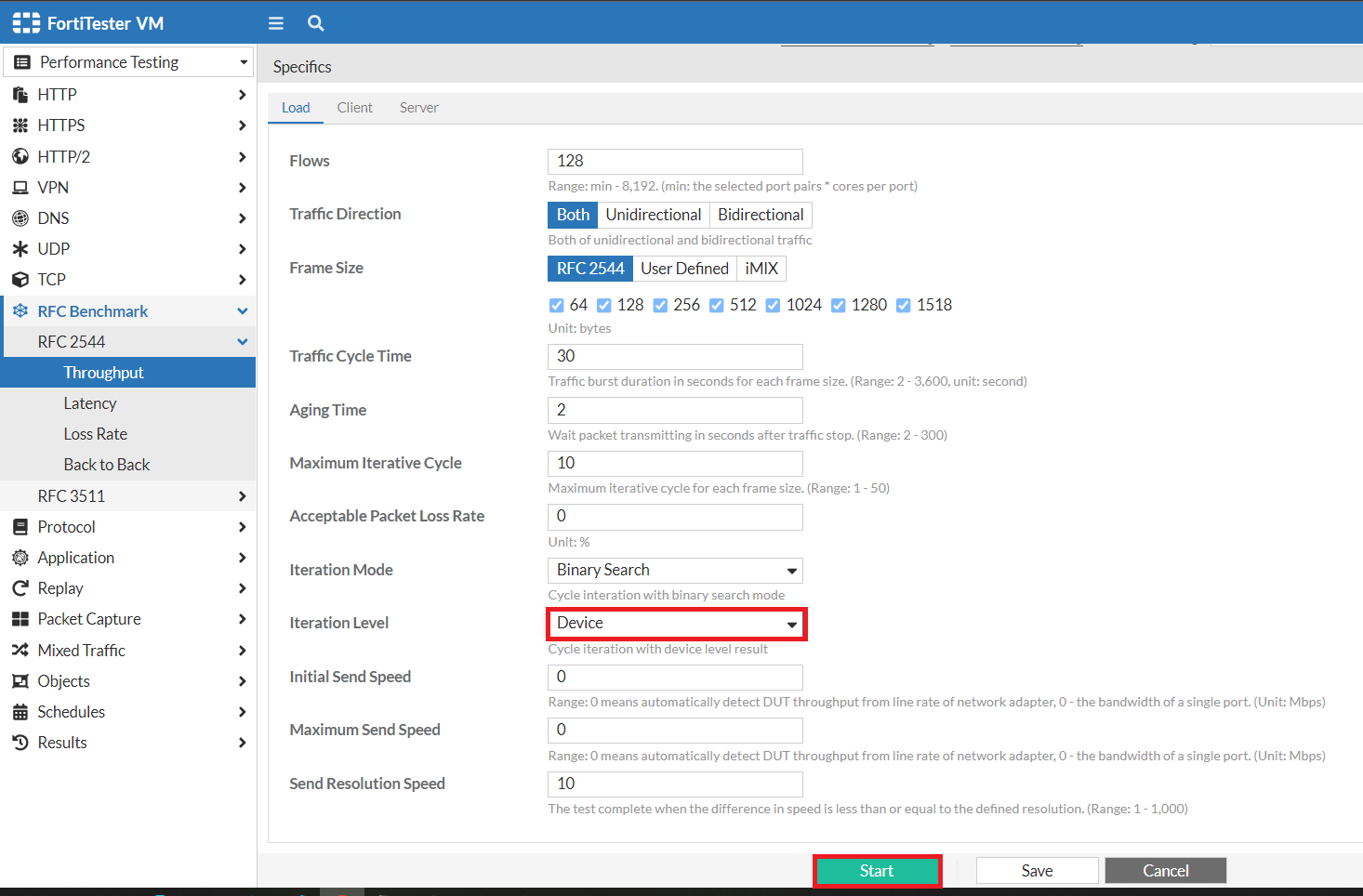 Device level iteration in RFC benchmark test cases | FortiTester 7.4.0 ...