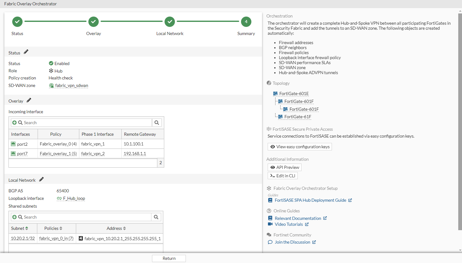 Fabric Overlay Orchestrator SPA easy configuration key for FortiSASE 7. ...