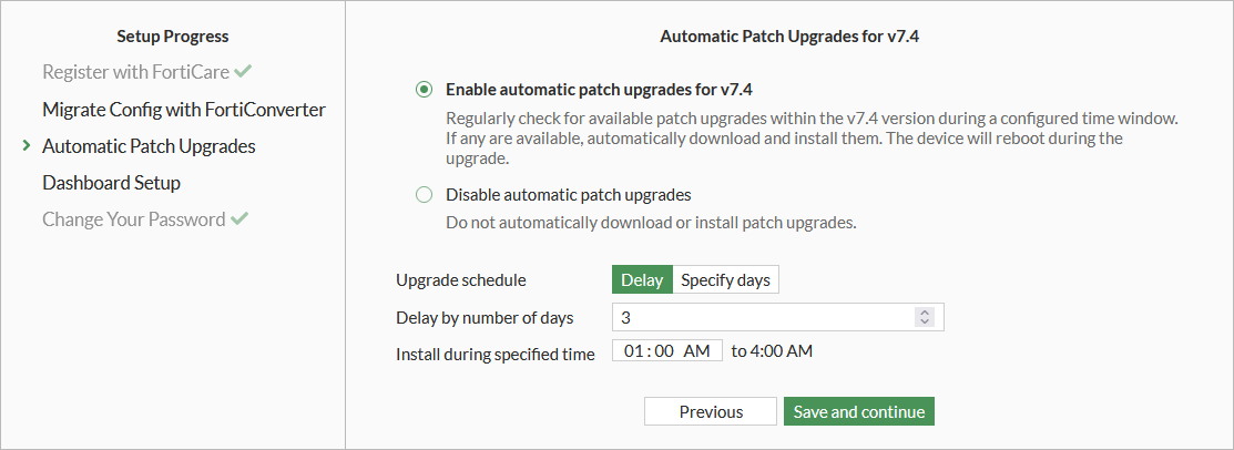 Enable automatic firmware upgrades by default on desktop FortiGates 7.4 ...