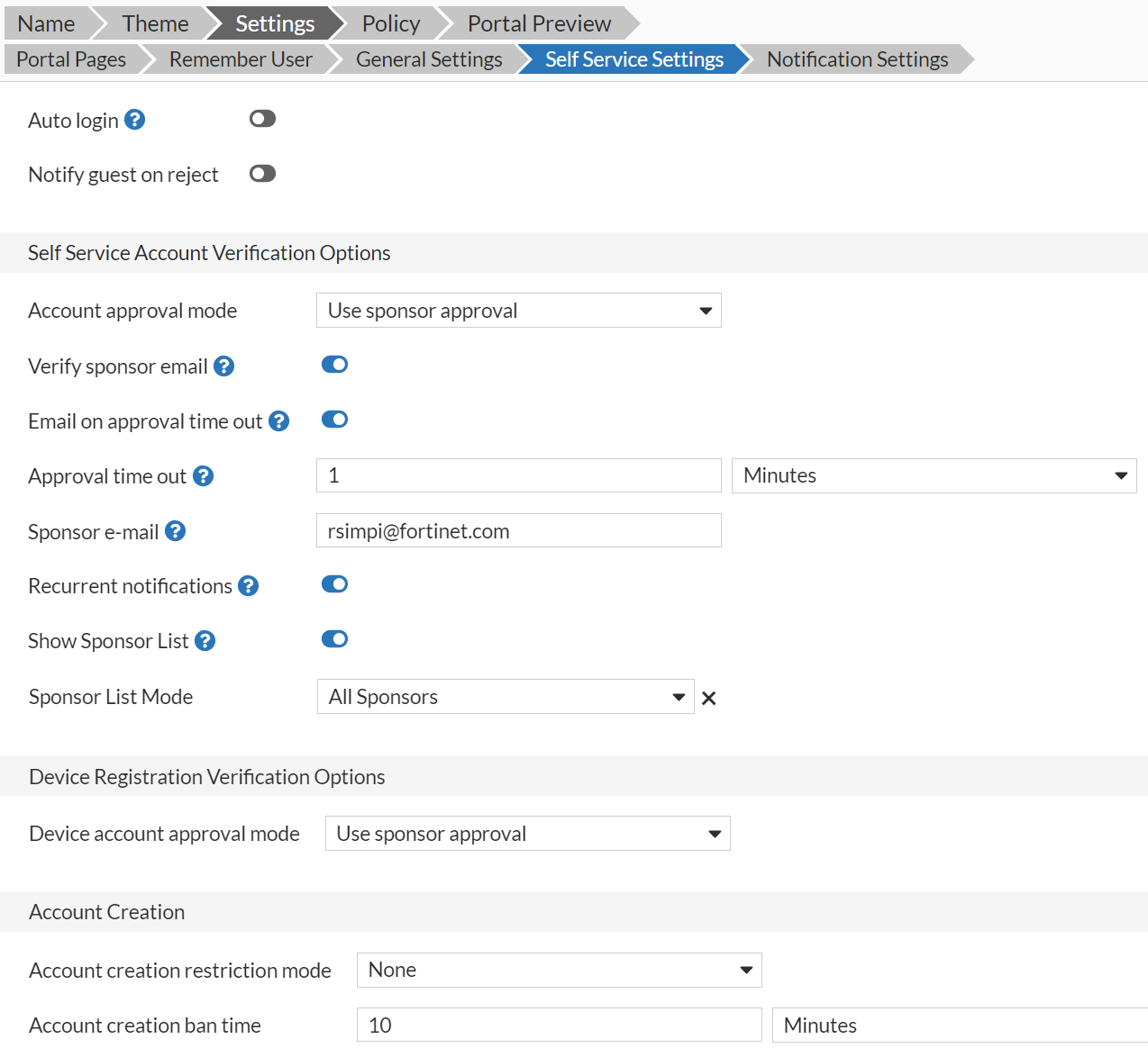 Settings | FortiGuest 1.3.1 | Fortinet Document Library