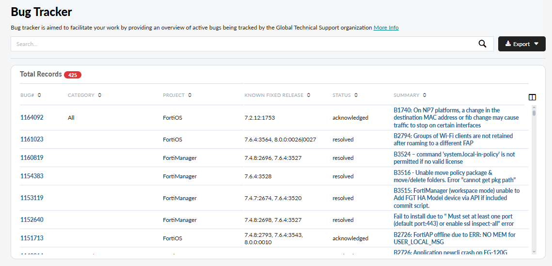 Bug Tracker | FortiCloud Services 25.3.0 | Fortinet Document Library