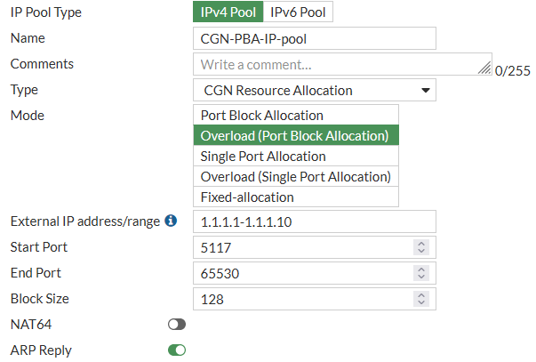 Overload with port-block-allocation CGN IP pool | FortiGate / FortiOS 7.0.13 | Fortinet Document ...