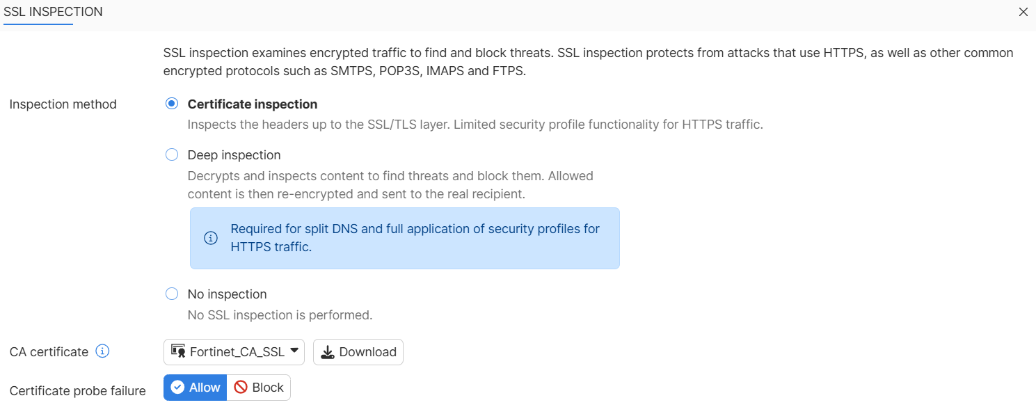 Configuring certificate probe failure option | FortiSASE | Fortinet ...