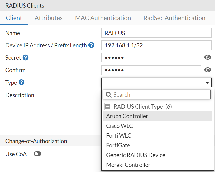 RADIUS Client Types | FortiGuest 1.2.0 | Fortinet Document Library