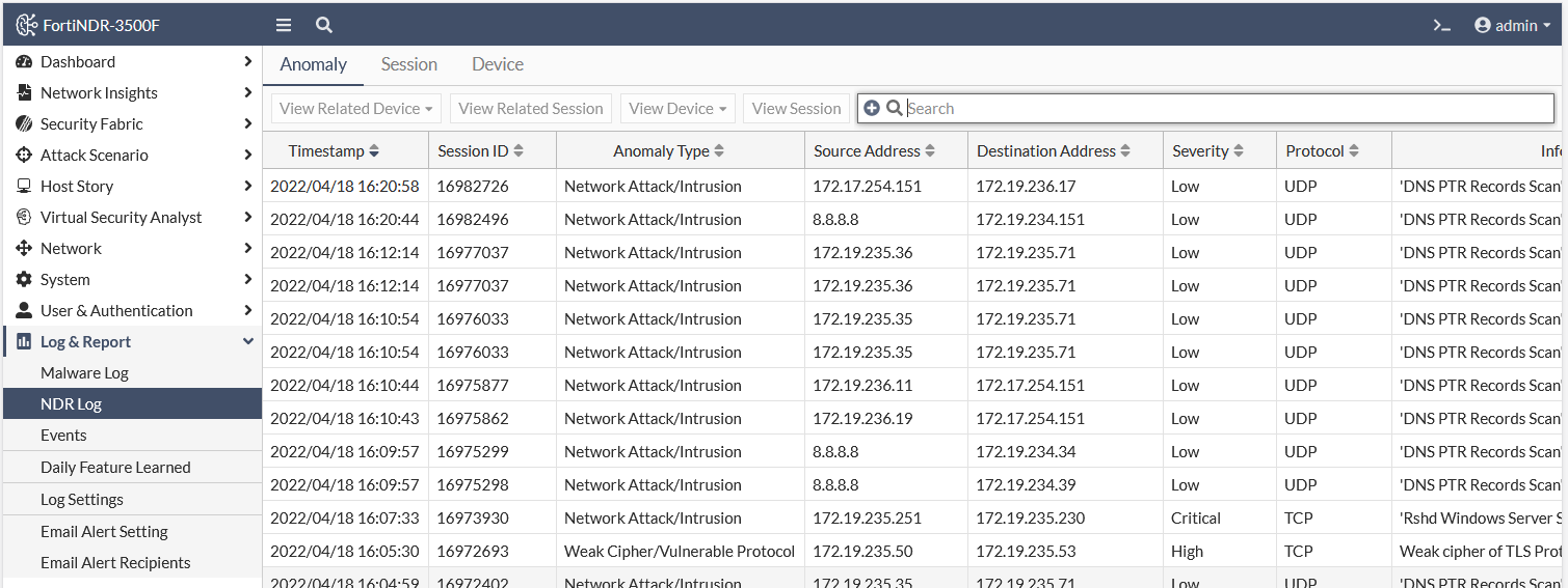 NDR Log | FortiNDR 7.4.9 | Fortinet Document Library