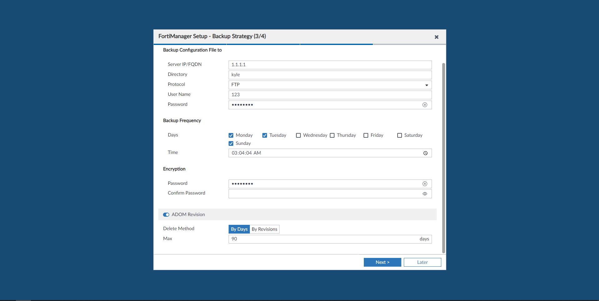 Backup strategy and configuration setup added to the FortiManager setup wizard 7.4.2 ...