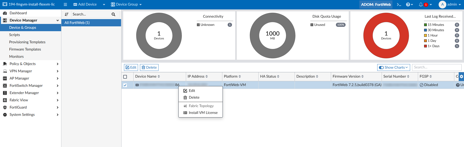 FortiManager manages the licenses for air-gapped FortiWeb via the ...