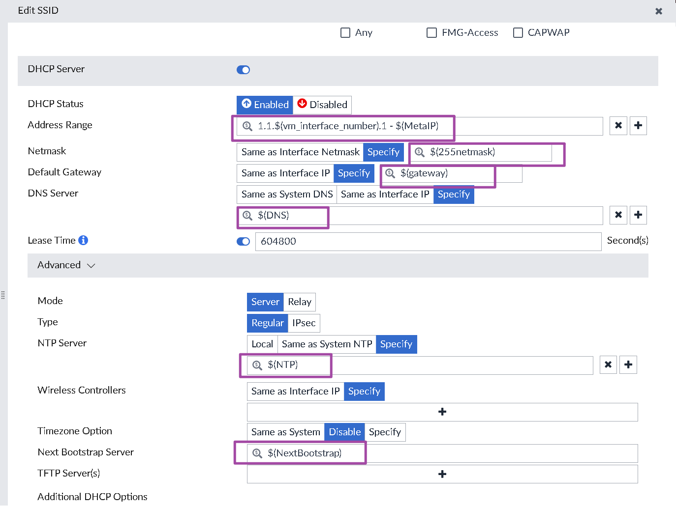 Meta variables are available in the SSID, FortiSwitch VLANs and ...