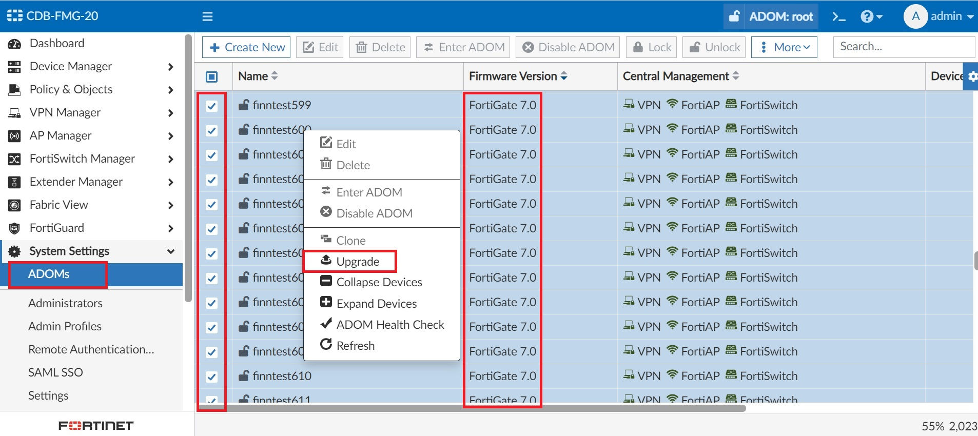 FortiManager can upgrade multiple ADOMs (same version) at the same time ...