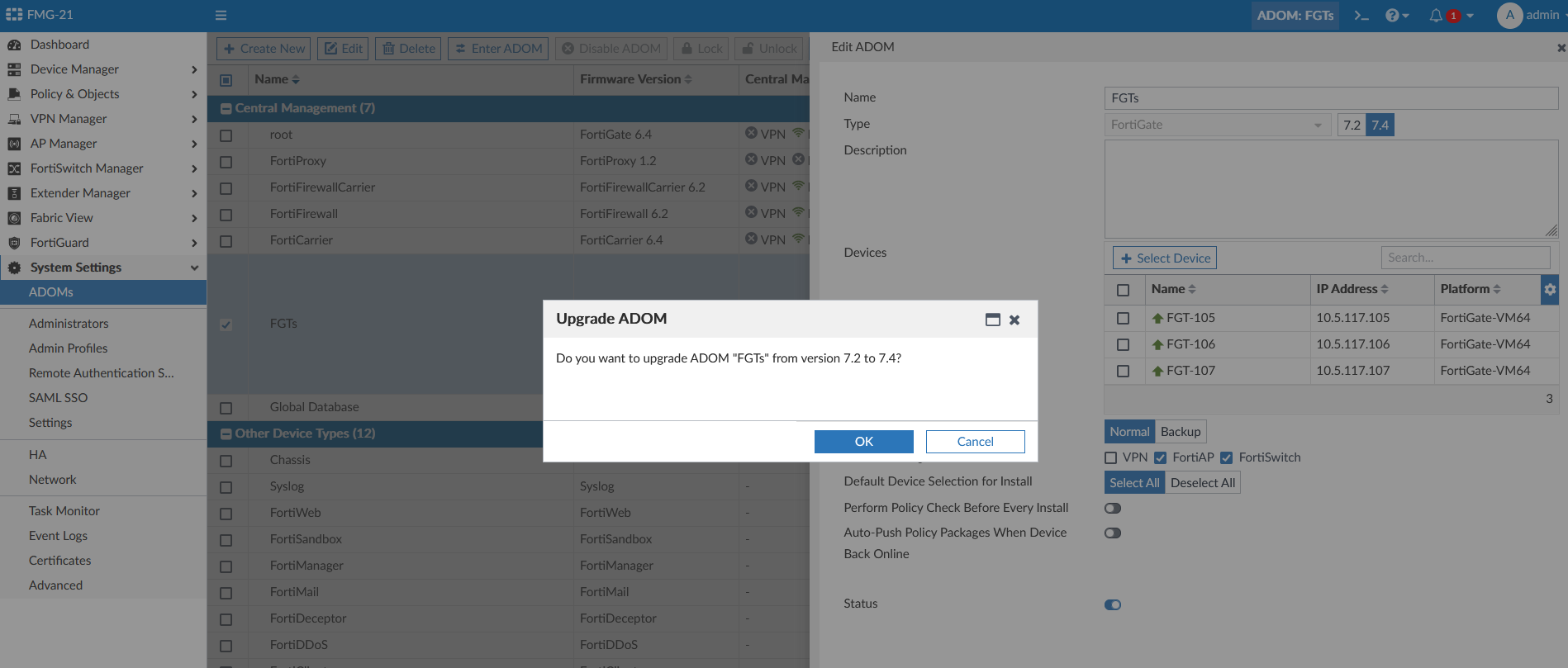 7.2 ADOM managing mixed FOS versions 7.4.1 | FortiManager 7.4.0 ...