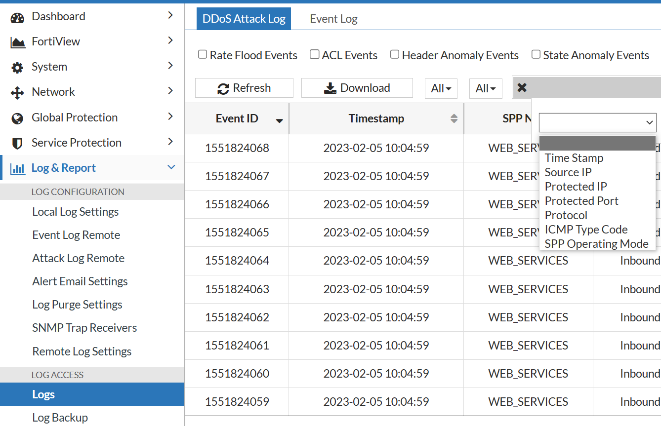 Using the DDoS attack log table | FortiDDoS-F 6.6.3 | Fortinet Document Library