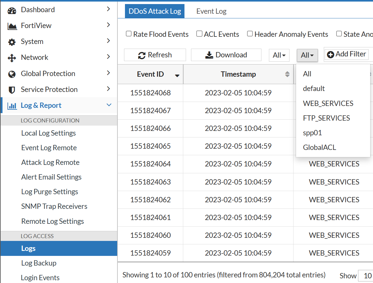 Using the DDoS attack log table | FortiDDoS-F 6.6.3 | Fortinet Document Library