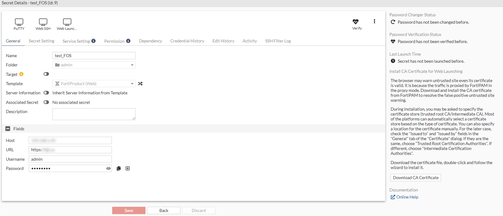 Configuring a web FortiProduct secret Example | FortiPAM 1.4.0 ...