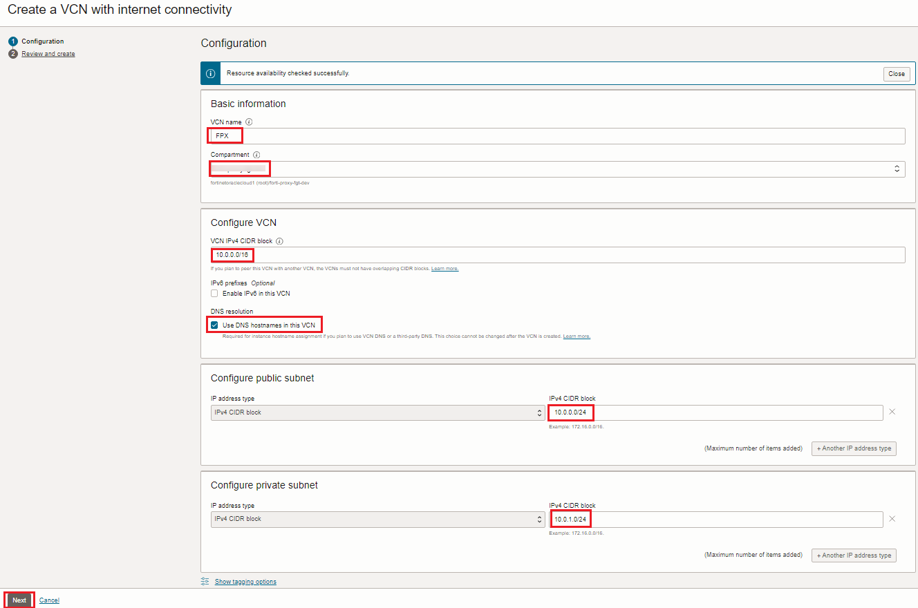 Creating a virtual cloud network (VCN) with public-facing subnets | FortiProxy Public Cloud 7.6. ...