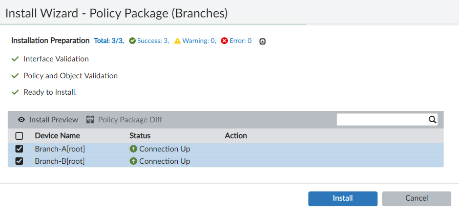 Creating and installing the policy package and IPsec template ...