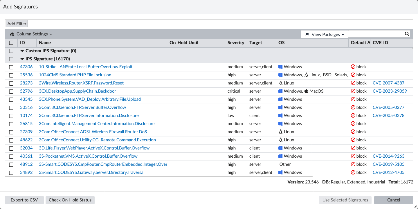 Export signatures to CSV file format | FortiManager 7.4.0