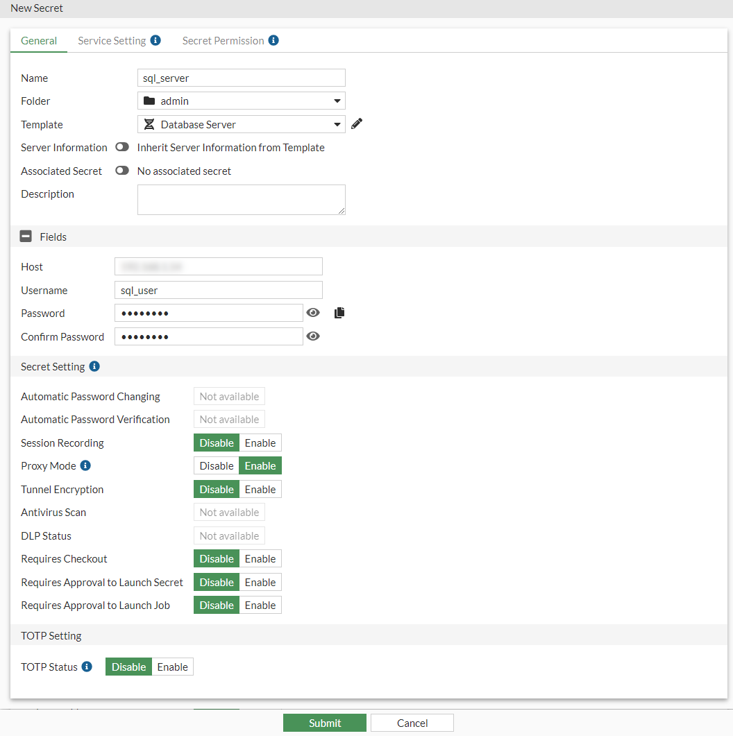Creating a secret using the database server template | FortiPAM 1.2.0 ...