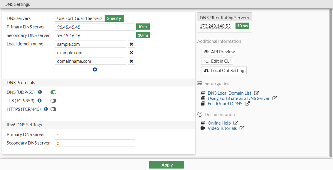 DNS domain list | FortiGate / FortiOS 7.0.13 | Fortinet Document Library