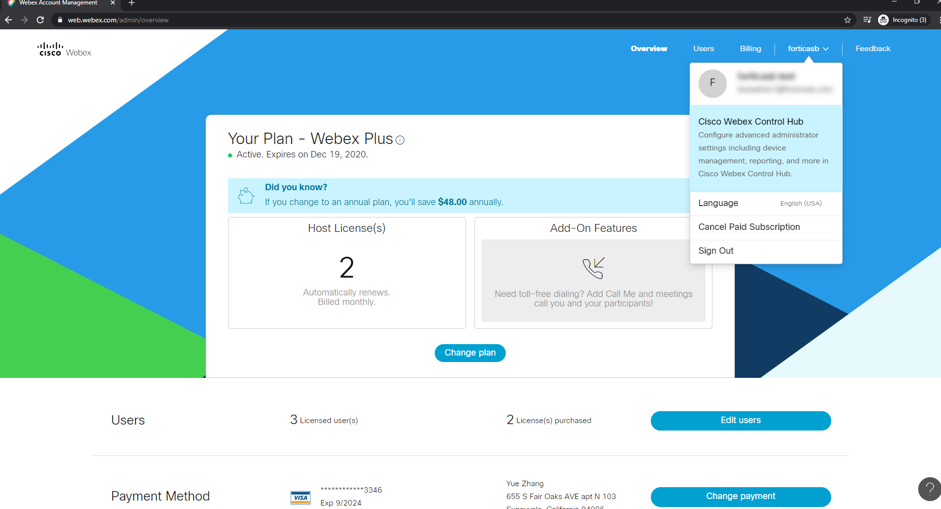 Configure WebEx admin account | FortiCASB 23.3.a