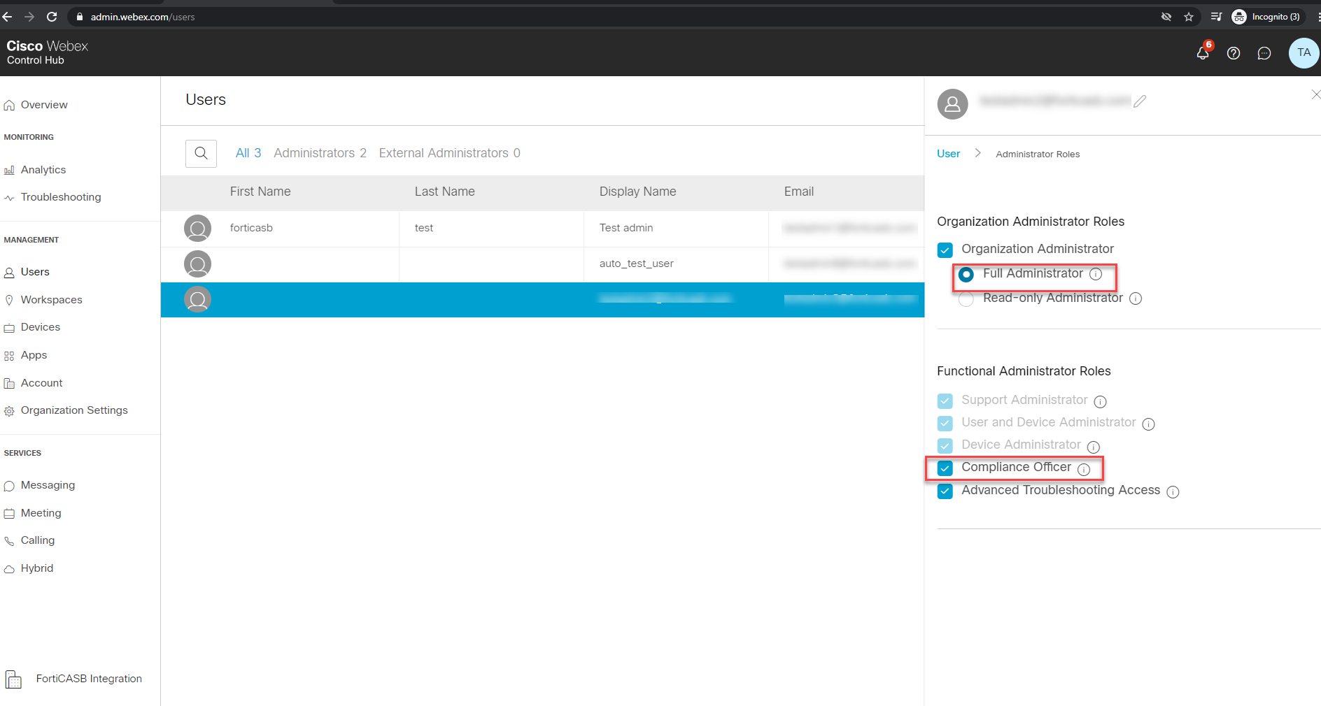 Configure WebEx admin account | FortiCASB 23.3.a