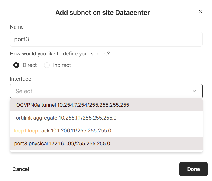 Adding a subnet for the site | Overlay-as-a-Service 24.1.0 | Fortinet Document Library