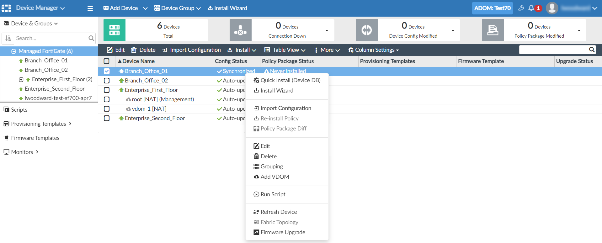 Using the right-click menu | FortiManager 7.2.2