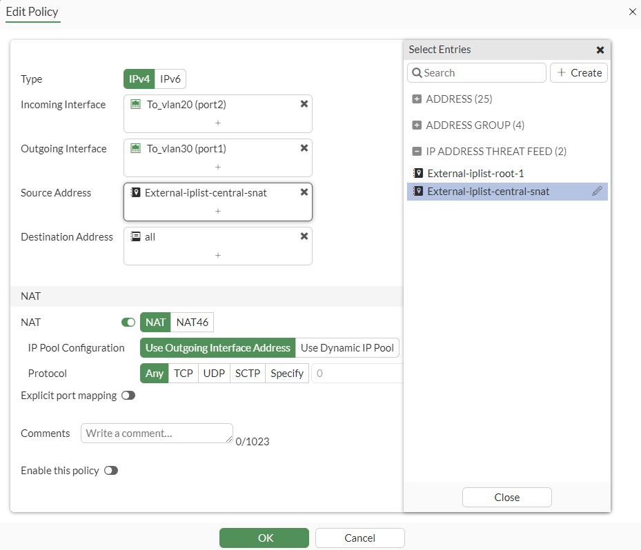 Apply threat feed connectors as source addresses in central SNAT | FortiGate / FortiOS 7.6.0 ...