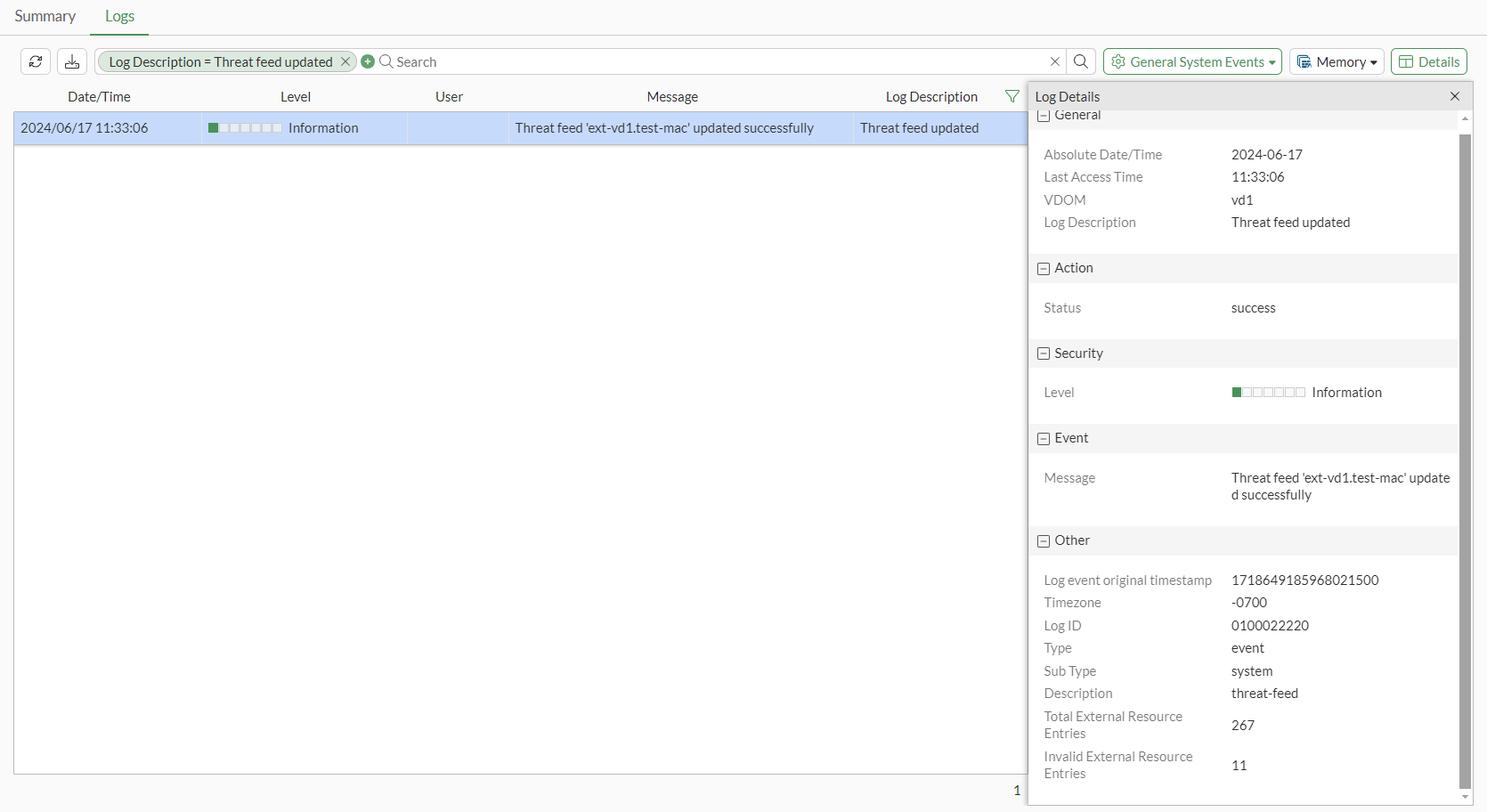 GUI support for enhanced logging for threat feeds | FortiGate / FortiOS ...