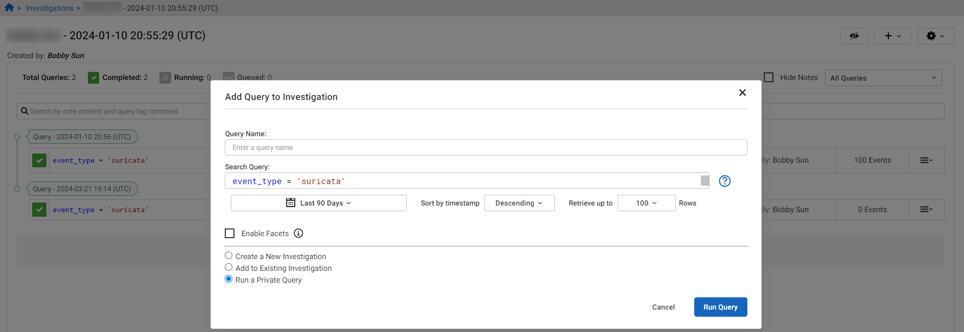 Adding queries to an investigation | FortiNDR Cloud 2024.2.0 | Fortinet Document Library