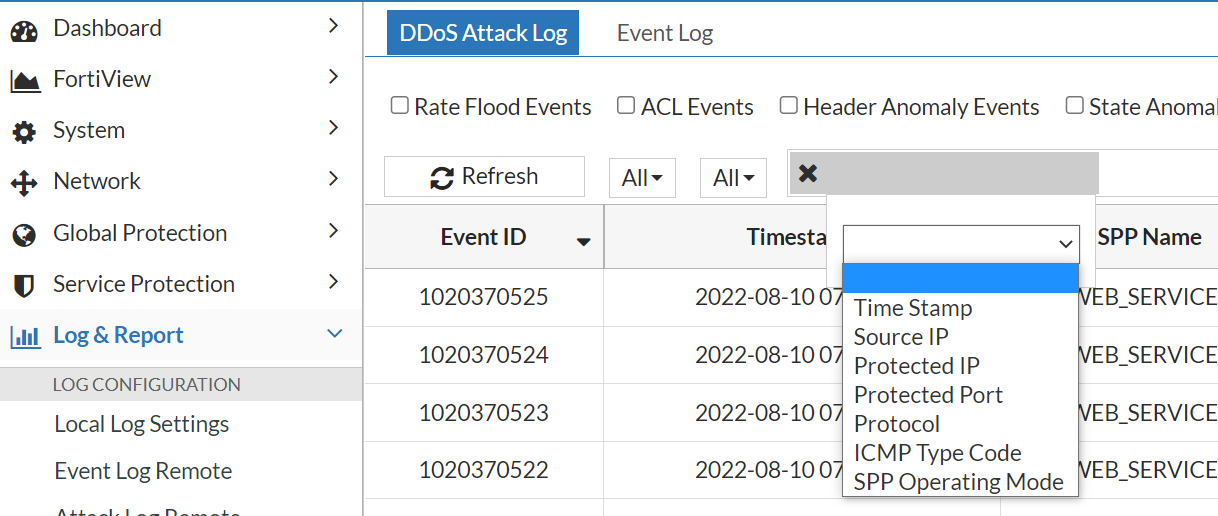 Using the DDoS attack log table | FortiDDoS-F 6.4.1 | Fortinet Document ...