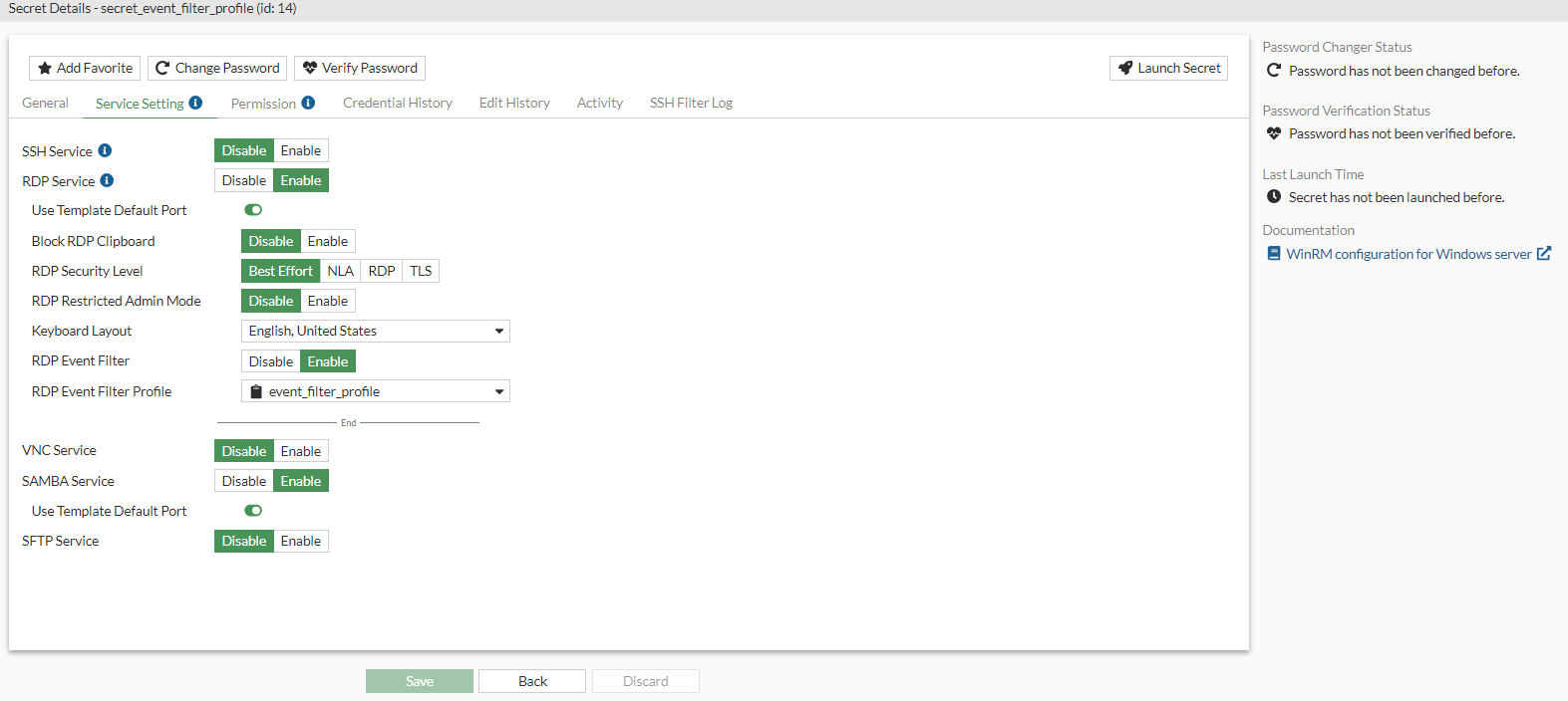 Creating Secret With An Rdp Event Filter Profile Fortipam 140