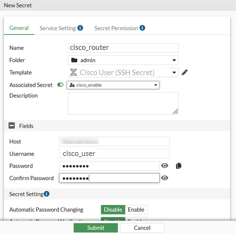Creating a secret with Cisco User (SSH Secret) template | FortiPAM 1.4.0 | Fortinet Document Library