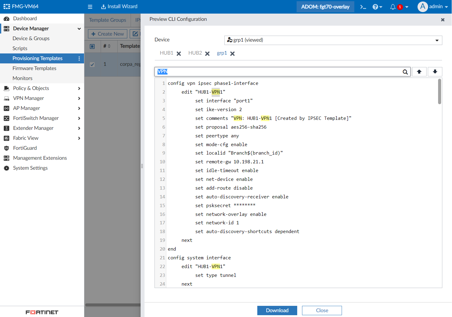 Viewing the CLI preview for provisioning templates | FortiManager 7.4.7 ...