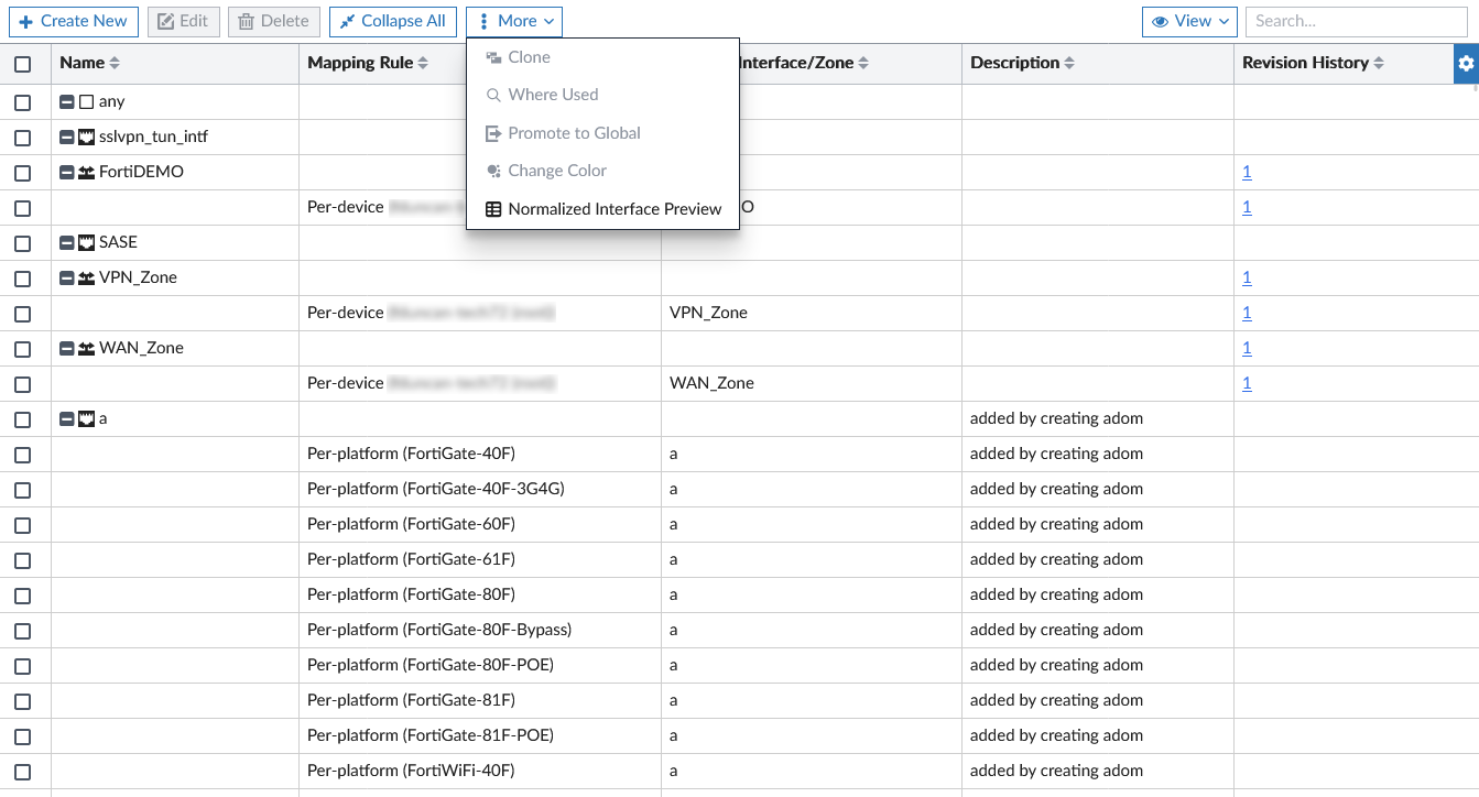 Viewing Normalized Interfaces Mapped To Devices And Platforms Fortimanager 7 4 7 Fortinet