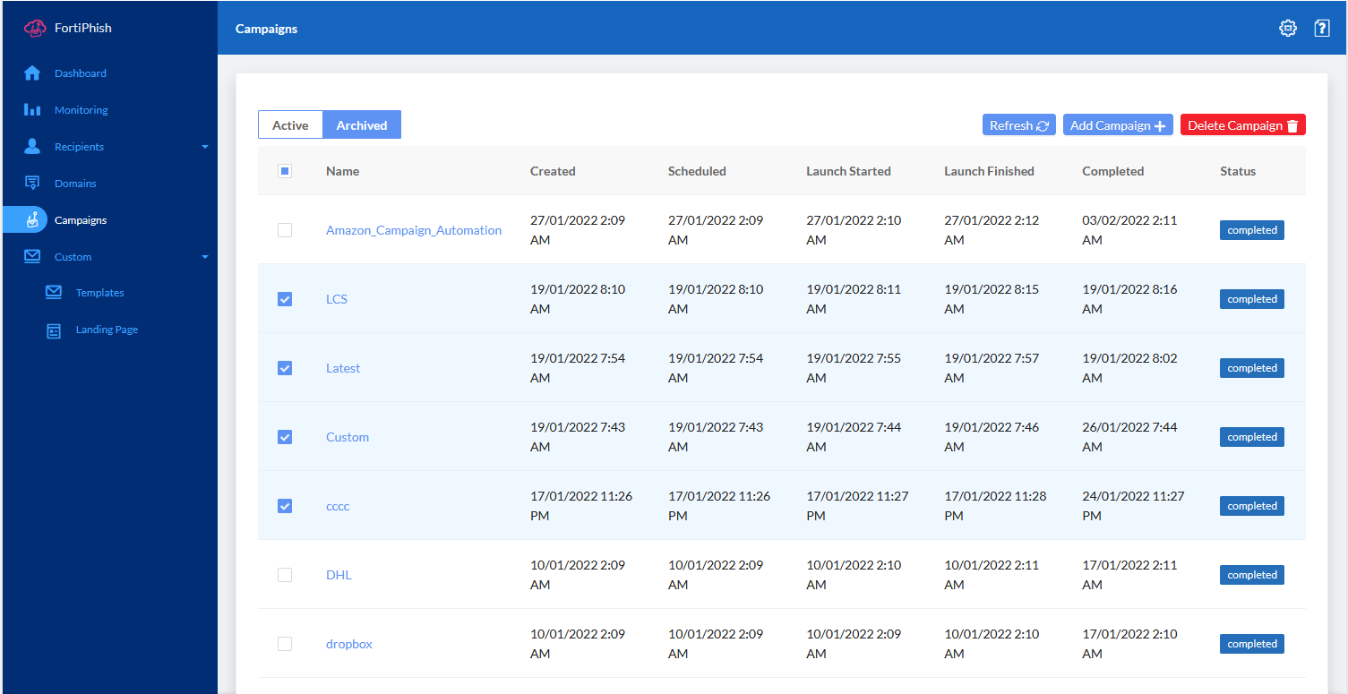 Deleting archived campaigns | FortiPhish 24.1.0 | Fortinet Document Library