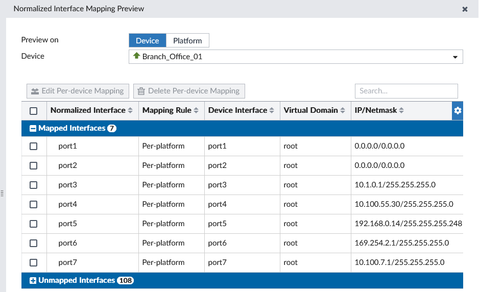 Viewing normalized interfaces mapped to devices and platforms | FortiManager 7.4.3 | Fortinet ...