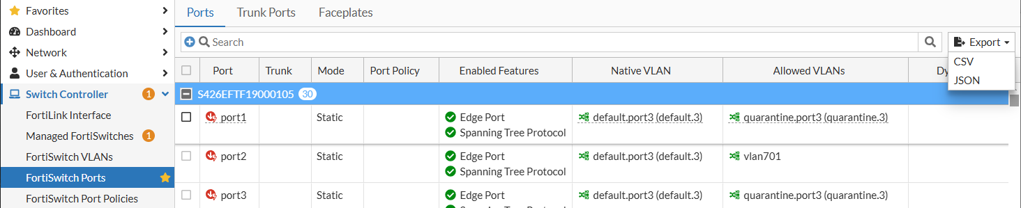 Exporting switch information | FortiSwitch Manager 7.2.5 | Fortinet ...