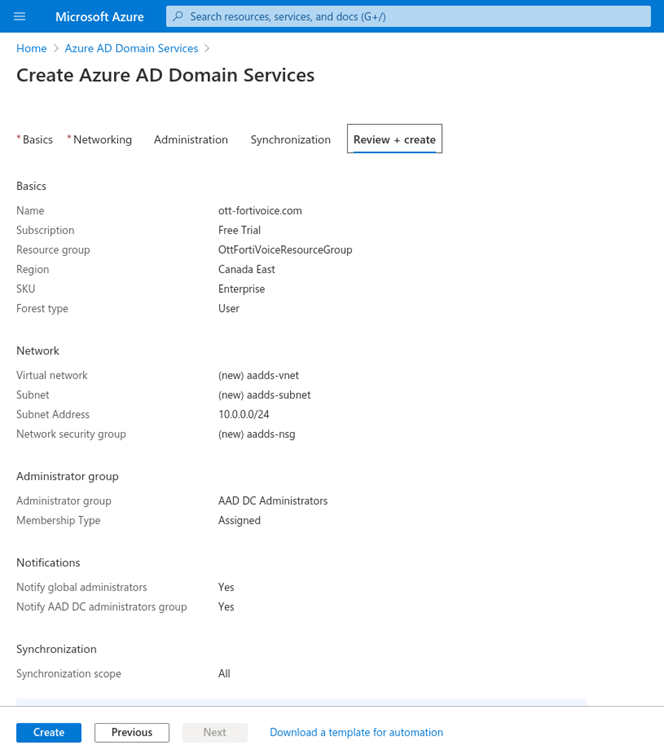 Creating the Azure AD Domain Services instance | FortiMail 7.6.0 ...