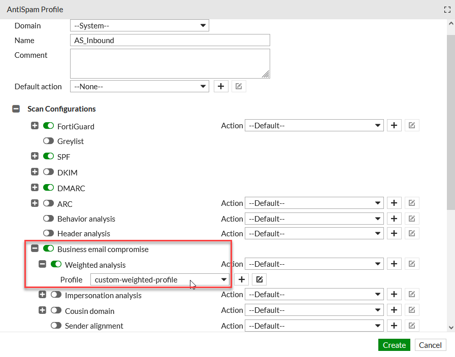 Assigning the weighted analysis profile to the antispam profile ...