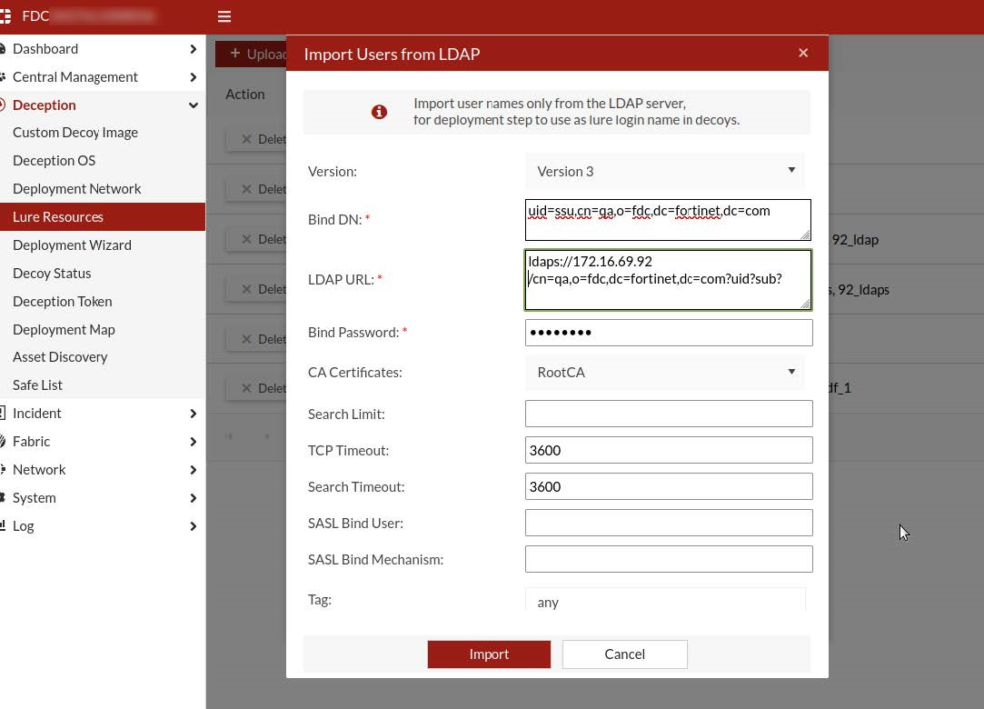 Import network users from the Active Director server for Decoy lure configuration ...