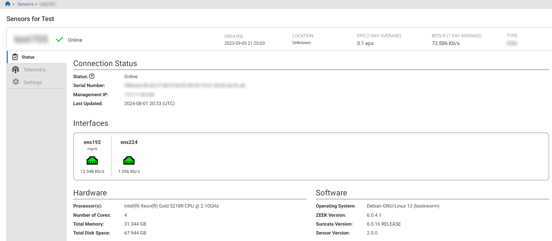 Sensor status | FortiNDR Cloud 2024.10.0 | Fortinet Document Library