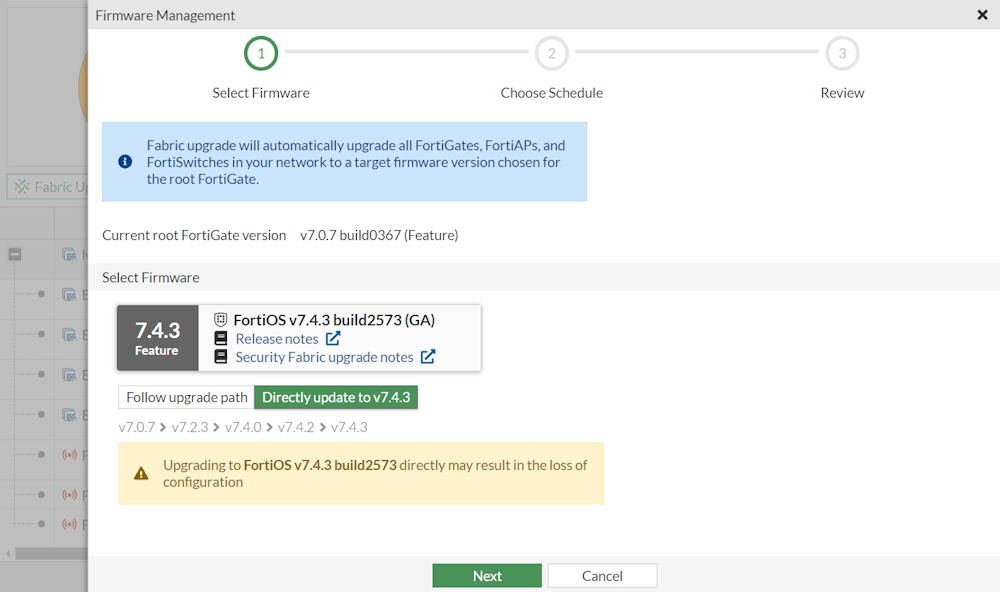 Upgrading Fabric or managed devices | FortiGate / FortiOS 7.4.7 ...