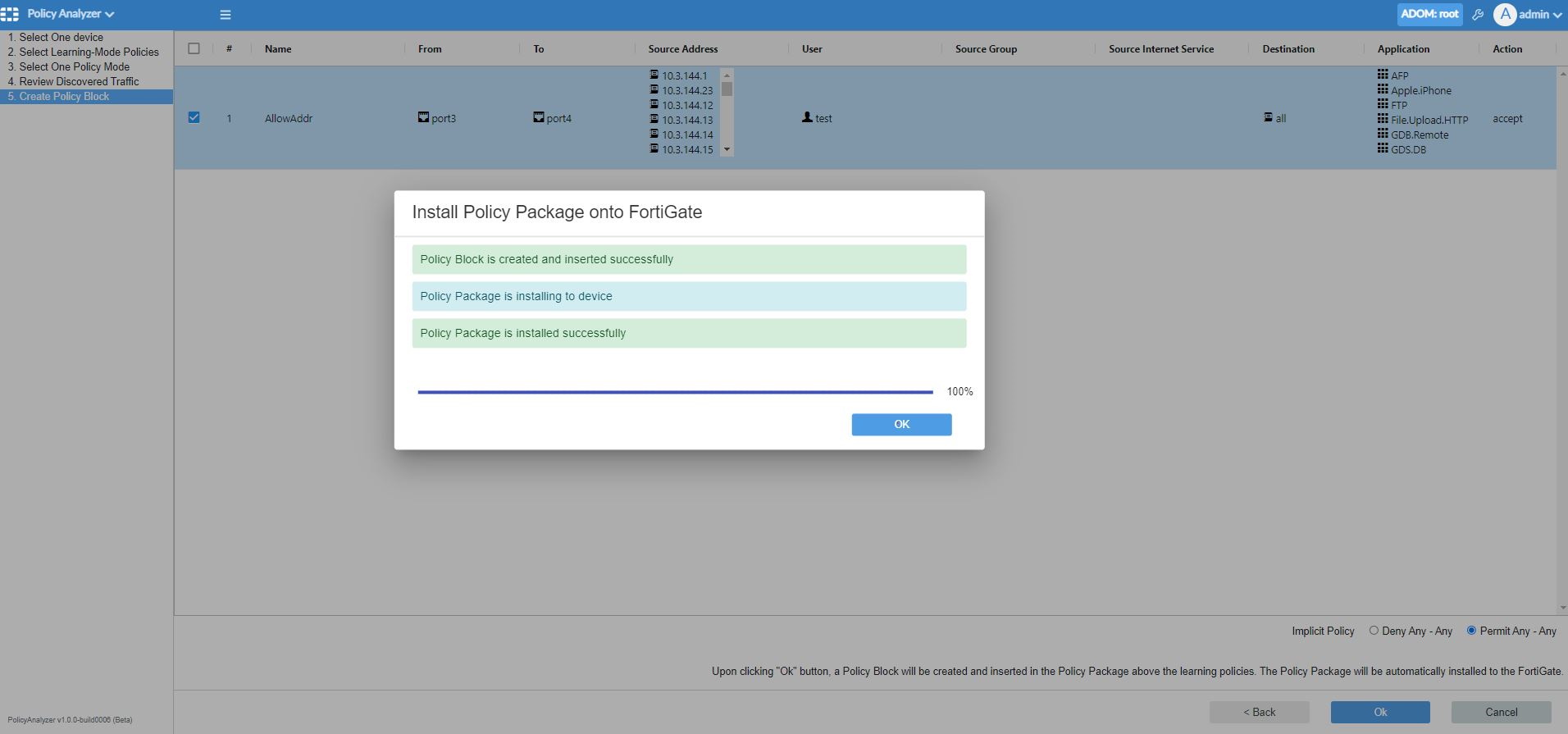 Allowing learned traffic with permissive mode | FortiManager 7.4.0