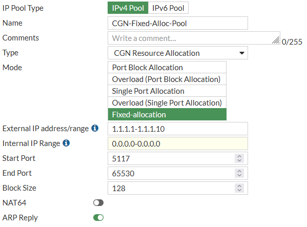 Fixed allocation CGN IP pool | FortiGate / FortiOS 7.0.5 | Fortinet ...