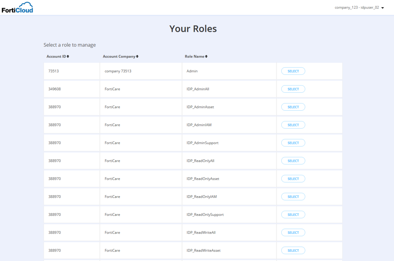 Selecting IdP roles | FortiCloud Account Services 23.2.0