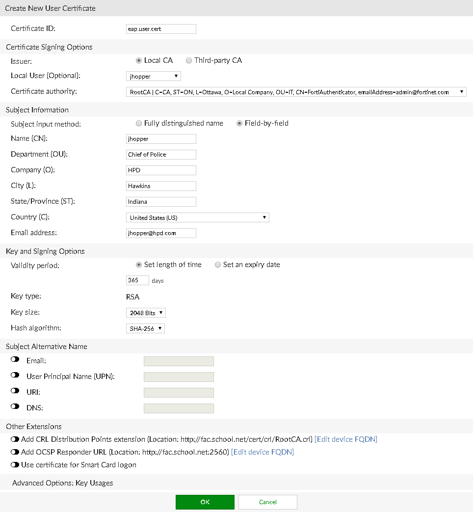 Configuring local user certificate on FortiAuthenticator ...