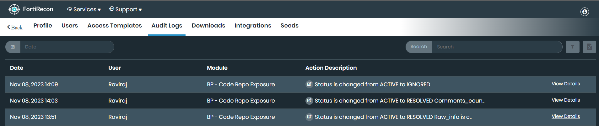Viewing audit logs | FortiRecon 24.3.a | Fortinet Document Library