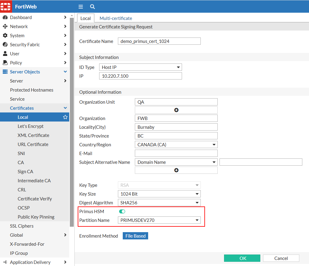 Using Securosys Primus HSM | FortiWeb | Fortinet Document Library