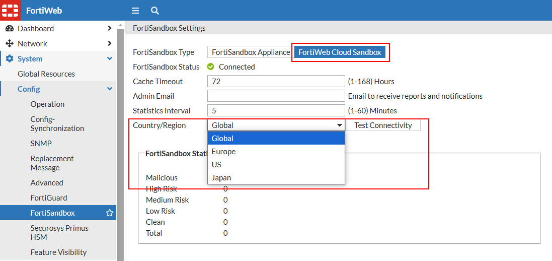 Region-based connectivity for FortiWeb Cloud Sandbox (7.6.3) | FortiWeb ...