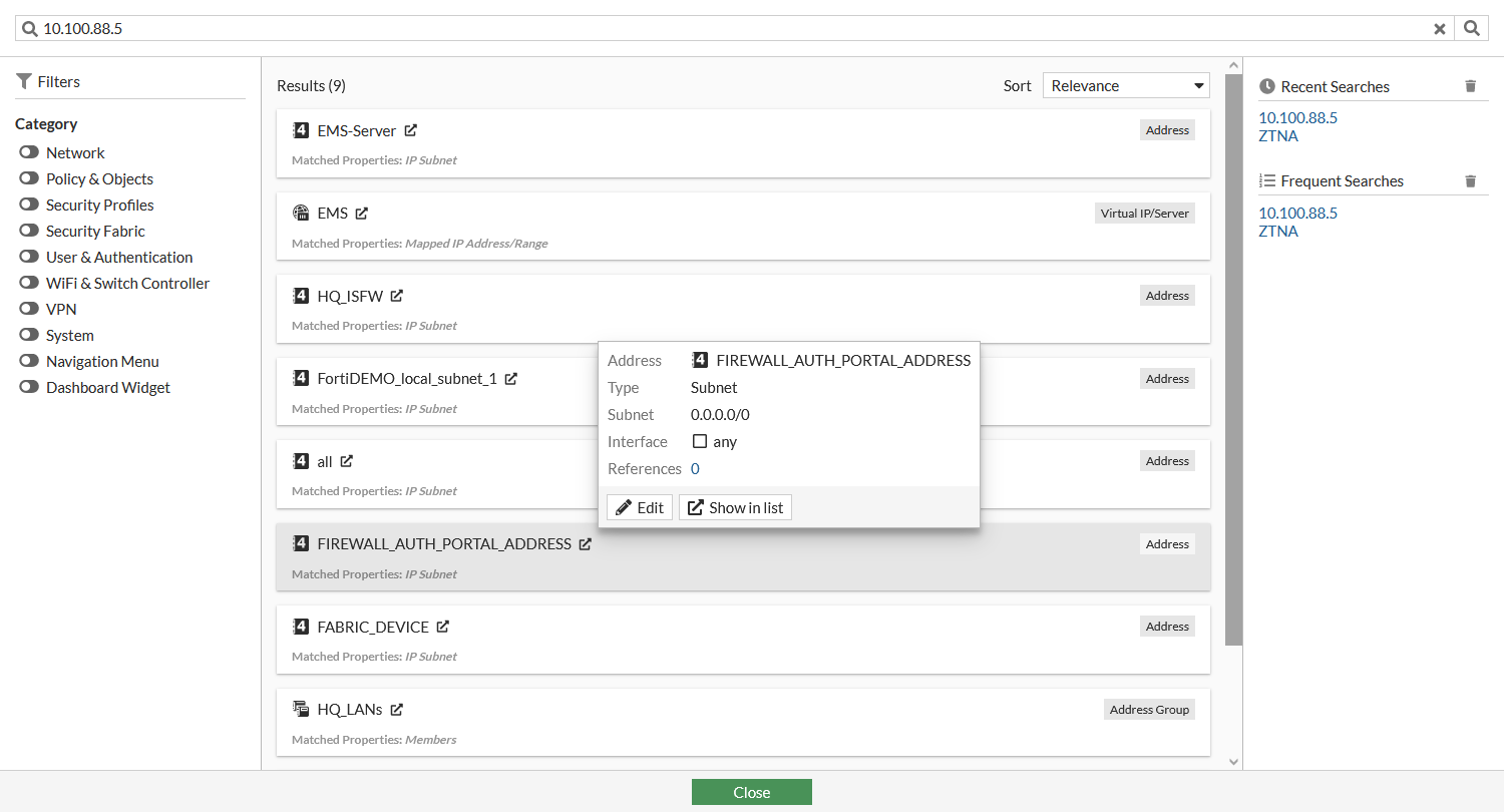 GUI-based global search | FortiGate / FortiOS 7.4.4 | Fortinet Document ...